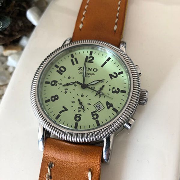 Zeno watch Pilot chrono , glow dial, 42mm, custom leaher strap ...