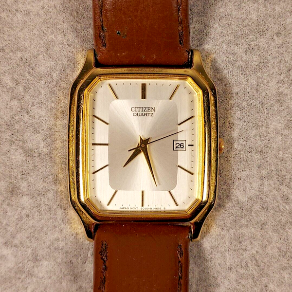 VTG Citizen Tank Watch Men 28mm White Dial Gold Tone Date Rectangle New ...