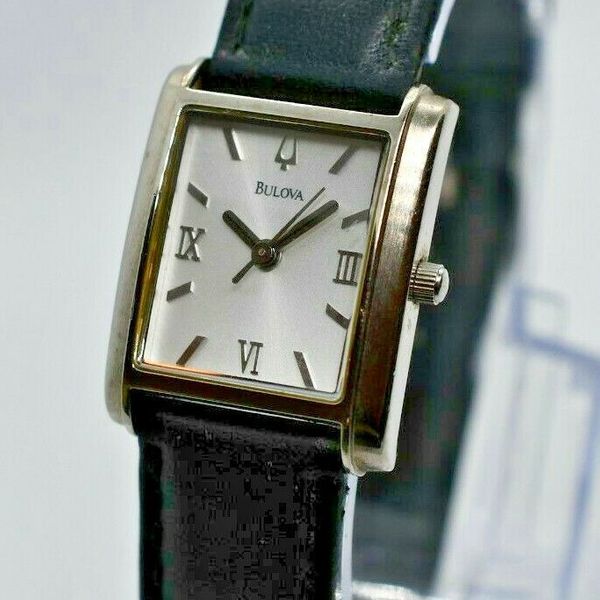 Ladies BULOVA Silver Tone Dress Watch, Black Leather, Rectangular ...