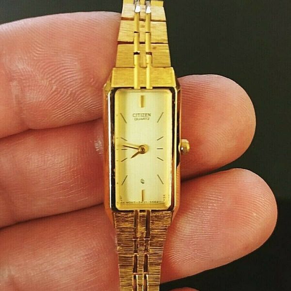 Vintage Elegant Citizen 5421-S18523 Gold Plated Rectangular Quartz ...
