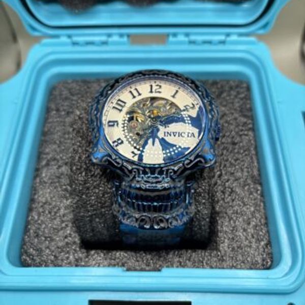 Invicta Artist Skull Automatic Skeletonized Blue Stainless Steel 50mm ...
