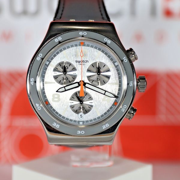 New Swiss Swatch Irony Chrono Last Round Gray Genuine Leather Watch ...