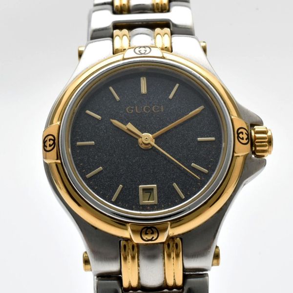 Vintage [N MINT] GUCCI 9040L Black Dial Gold Two Tone Quartz Ladies ...