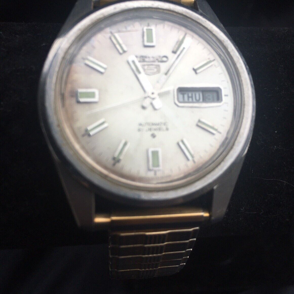 Seiko 5 Vintage Silver Men's Watch flex band self wind runs well ...