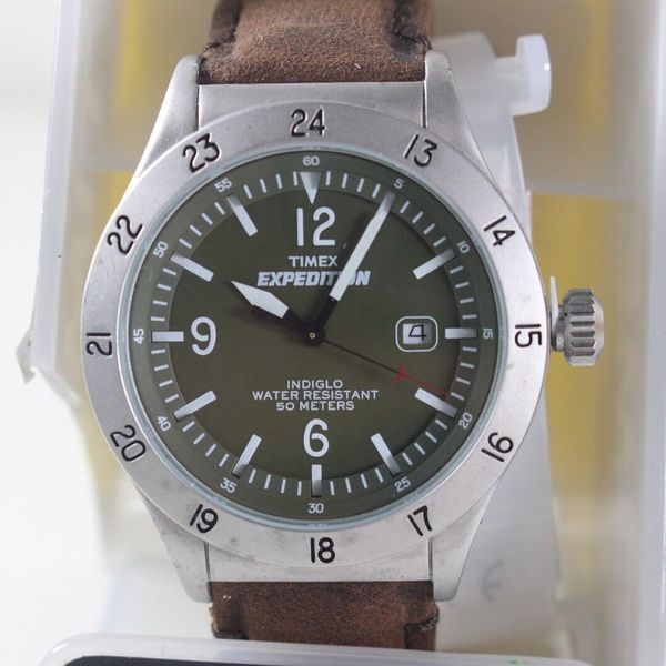Timex T49881 Men's Expedition Brown Leather Watch Indiglo Date Green ...