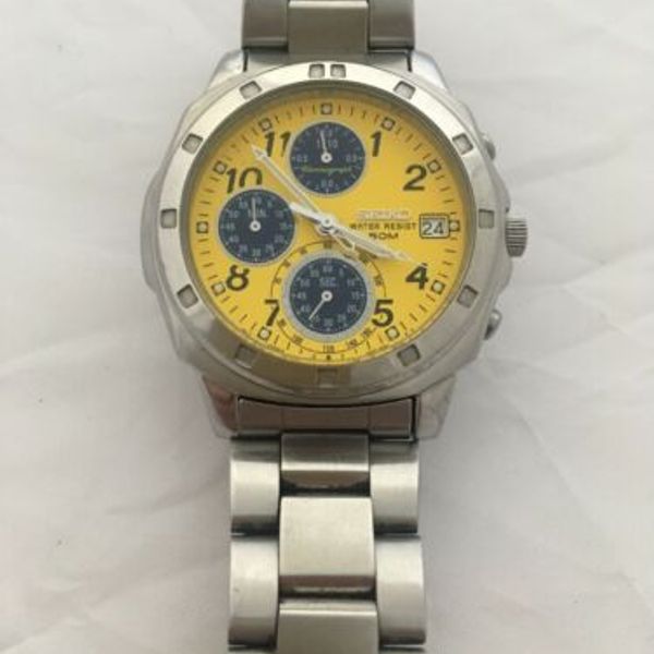 Seiko chronograph watch V657-9010 R1 Vintage Yellow With Blue Dials ...