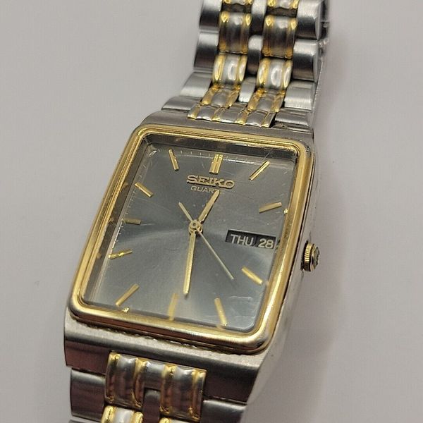 Vintage Seiko Watch Black Dial Black Gold Silver Tone Rectangle New ...