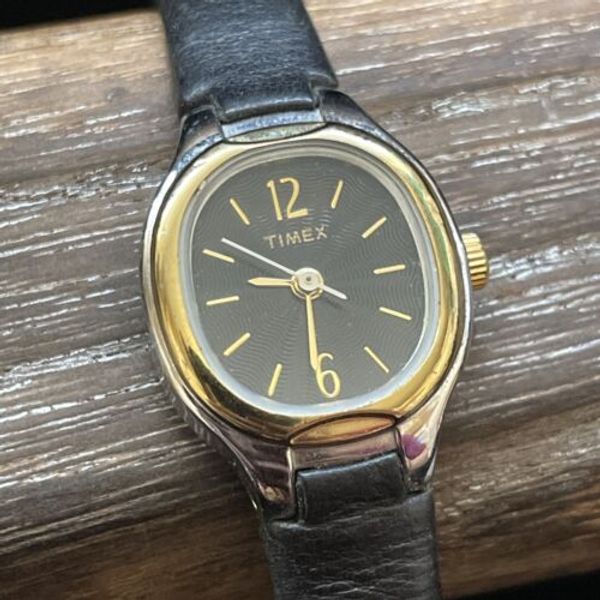 Vintage Timex Watch Women 19mm Two Tone Oval Dial Black Leather Band ...