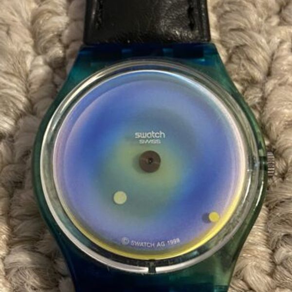 Swatch Watch Batik GG181 1999 Black Leather Band! Floating Discs ...
