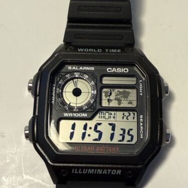 NEW Casio AE1200WH-1AV World Timer, Black w/ Red Lettering, Box ...