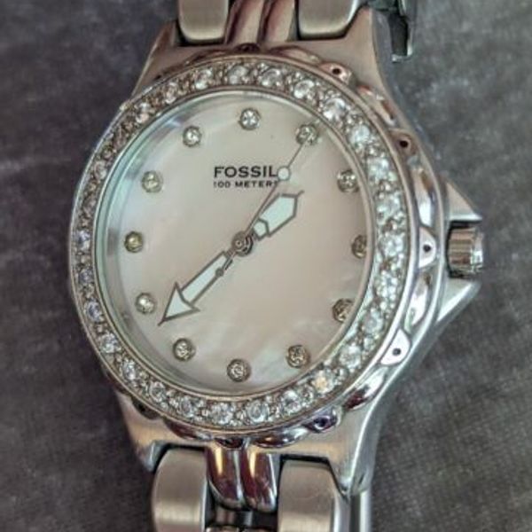 Fossil AM-3480 Women's 38mm Silver Tone Watch Jeweled Bezel MOP Dial 6 ...