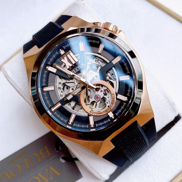 Bulova Maquina Automatic Sapphire Rose Gold Black Dial Silicone Watch ...