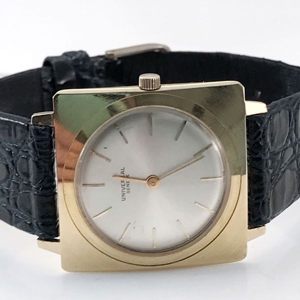 Vintage Universal Geneve 18K yellow Gold Square Watch Silver dial ...
