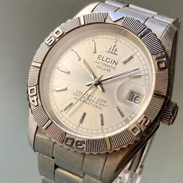 Elgin Deluxe Vintage Watch Diver Automatic 37mm Arm 19cm Silver Date ...