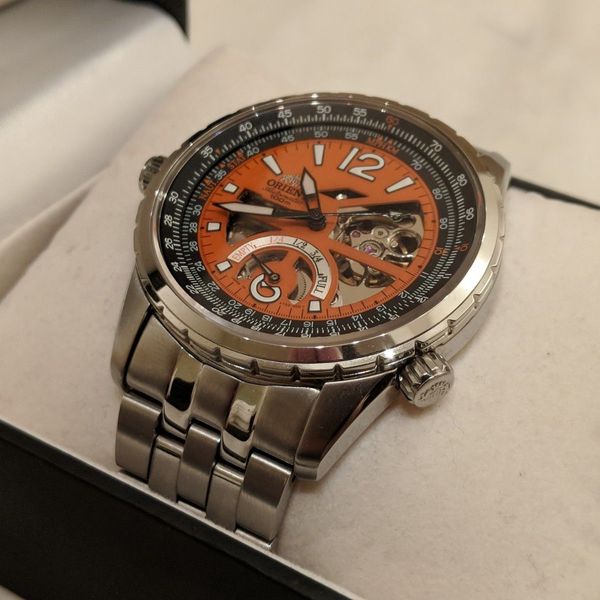 Orient CFT00005M Orange Dial Semi Skeleton Power Reserve Automatic ...