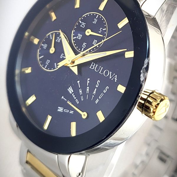 BULOVA MEN'S $495 FUTURO GOLD SILVER MULTI-FUNC BLUE DIAL DAY/DATE ...
