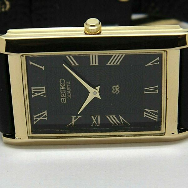 Seiko Quartz Men's Super Slim gold plated black dial rectangle shape ...