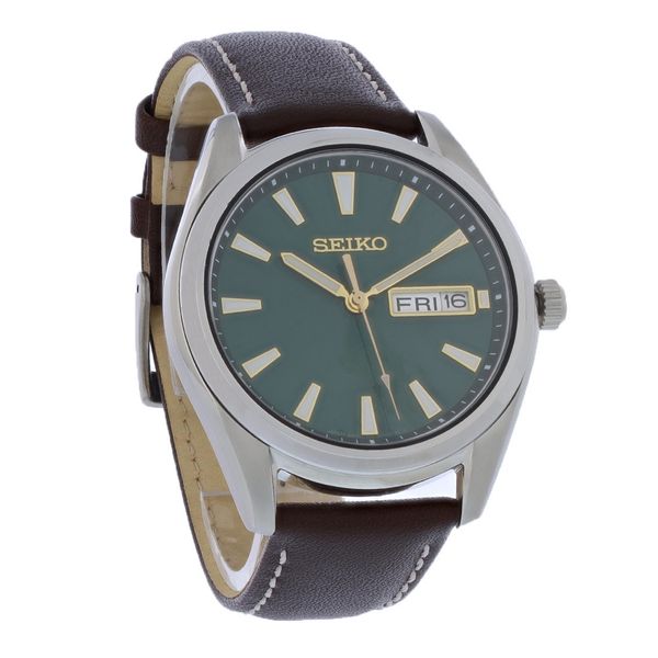 Seiko Essentials Mens Green Dial Stainless Steel Brown Strap Quartz ...