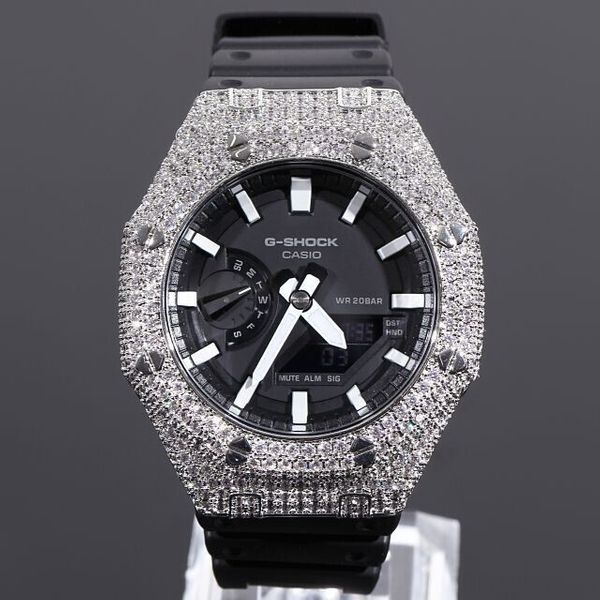 G-SHOCK Custom GA2100 Black Custom White Gold Casioak CZ Diamond 18K ...