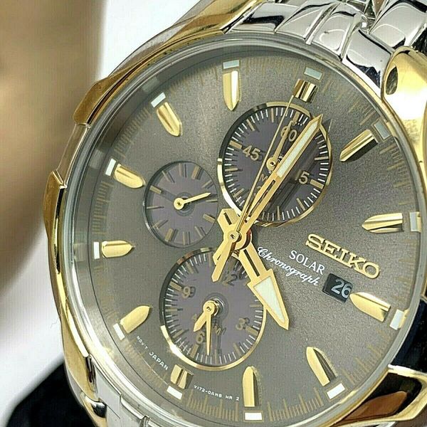 Seiko Solar Two Tone Stainless Steel Chronograph Men's Watch Gray Dial ...
