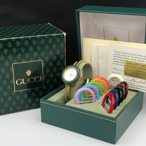 [N MINT W/Full Set] Gucci Change Bezel 12 Colors Gold Watch 6.5 inch ...