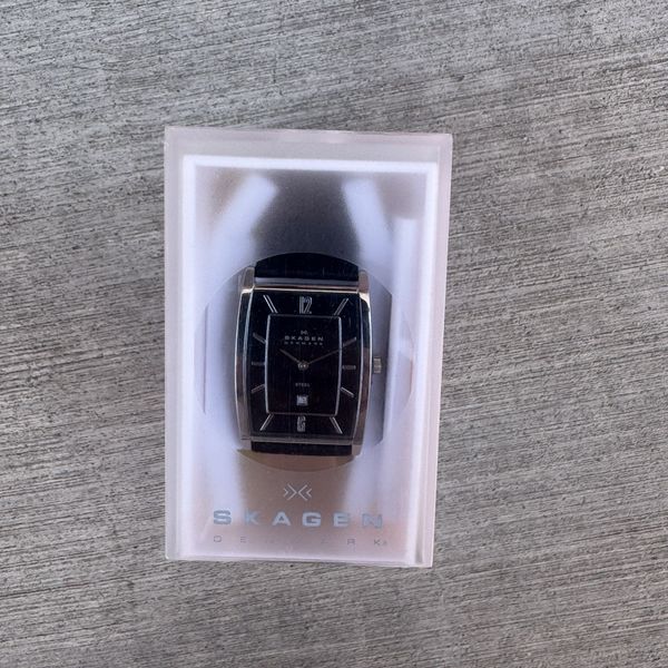Skagen Black Rectangle Dial Black Genuine Leather Menâ s Watch ...