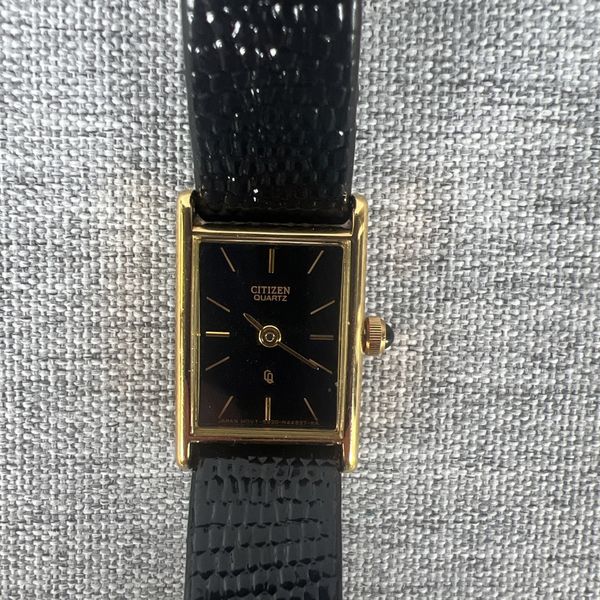 Vintage Citizen CQ Watch Women Gold Tone Black Dial Rectangle (Needs ...