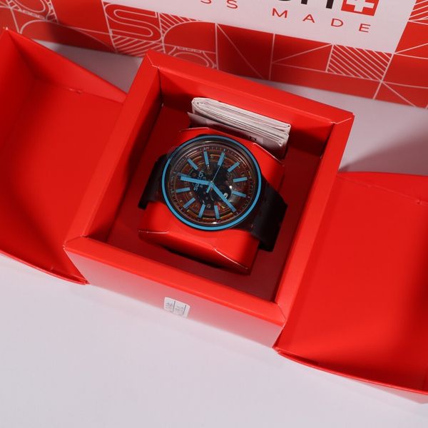 New Swiss Swatch Big Bold FIRE TASTE SO27B112 47MM Blue Dial Black ...