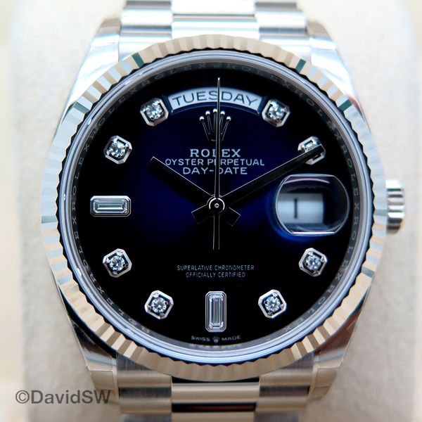 FS: NIB Rolex 128239 DAY DATE 36MM WHITE GOLD-BLUE OMBRE DIAMOND DIAL ...