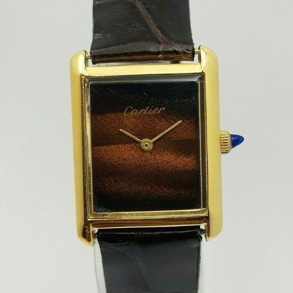 VINTAGE CARTIER MUST DE CARTIER TIGER'S EYE 27mm X 24mm CAL. 381 GOLD ...