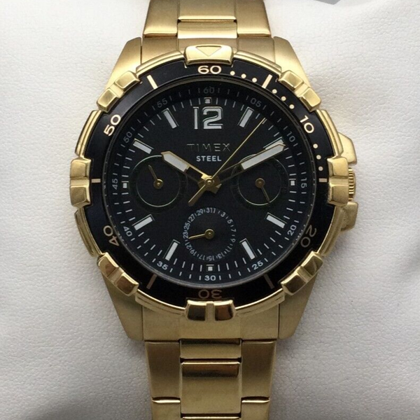 Timex Steel Watch Men 45mm Gold Tone Day Date Black Dial Stainless ...