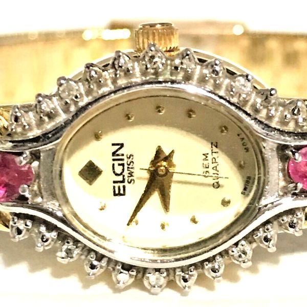 Vintage Elgin Swiss Genuine Diamonds Ruby Gold Plated Ladies Dress ...