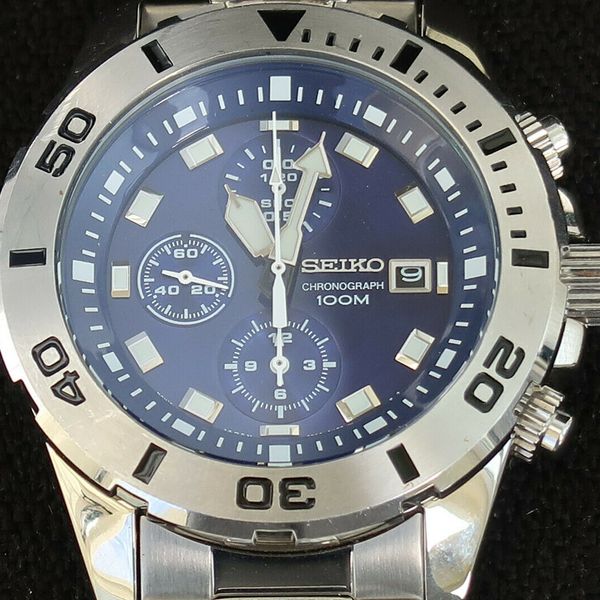 SEIKO 7T92 0NS0 MENS CHRONOGRAPH WRIST WATCH BLUE FACE & S/STEEL STRAP ...