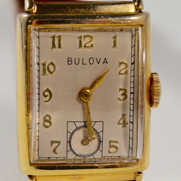 Vintage c. 1940 Bulova 7AP 14k Solid Gold Rectangular Tank Wristwatch ...