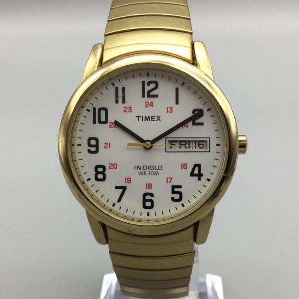 Timex Easy Reader Indiglo Watch Men Gold Tone Date Day Stretch Band New ...