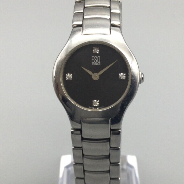 ESQ Movado Watch Women 25mm Silver Tone Black Round Dial New Battery 6. ...