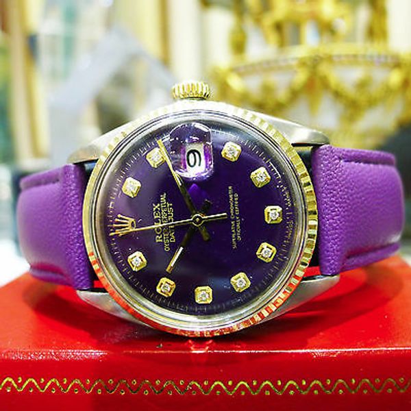 MENS ROLEX OYSTER PERPETUAL DATEJUST STAINLESS STEEL & GOLD PURPLE FACE ...
