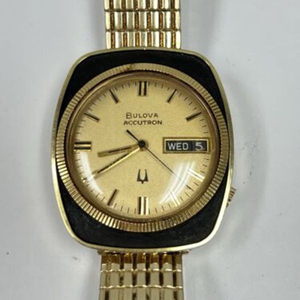 Bulova Accutron 10k Rolled Gold Plate Day & Date 34mm Fancy Case Watch ...