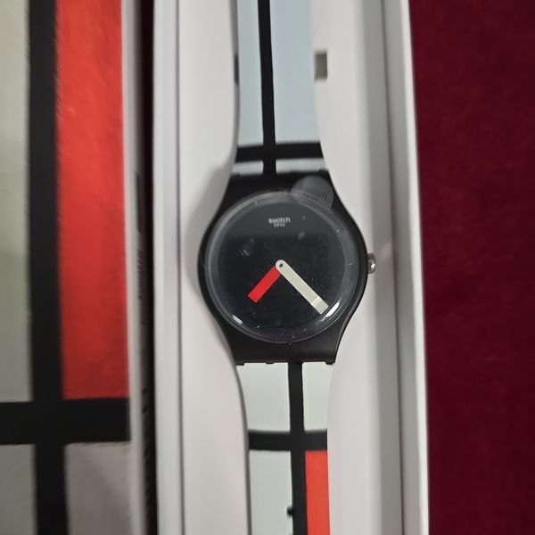 Swatch Red Blue & White by Piet Mondrian 41mm Black Quartz Watch w/Band ...