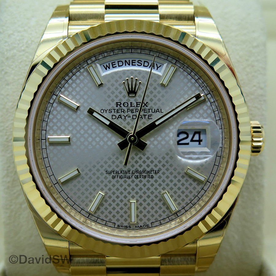 FS: Rolex 228238 18K YELLOW GOLD 40MM DAY DATE -SILVER DIAGONAL MOTIF ...