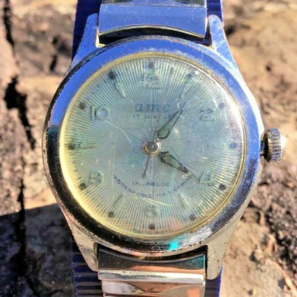 Vintage AMC 17 Jewel Incabloc Sunburst Dial Men's Watch For Parts or ...