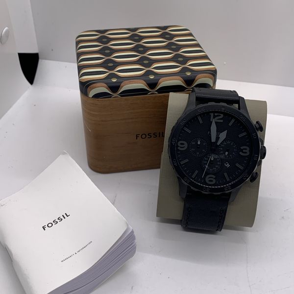 Fossil Nate Watch JR-1354 Mens Chronograph 50mm Case Black Leather Band ...