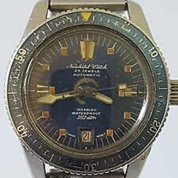 Rare 1960s Neuchatel Swiss 25 Jewels Automatic Divers 200m Watch w Blue ...