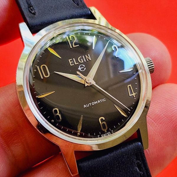 Elgin Automatic Watch Rare Black Dial Vintage Black Leather Cal 996 ...