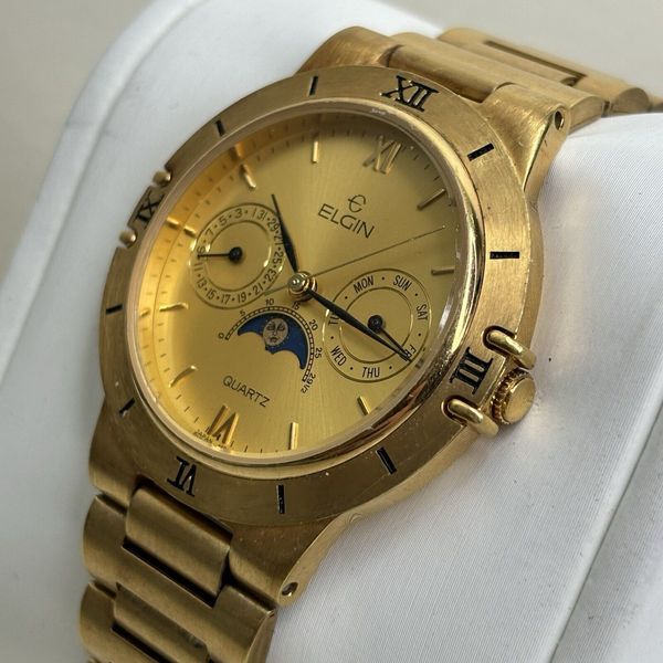 Vintage Elgin FH003 Calendar Moon Phase Quartz 37mm Mens Watch - New ...
