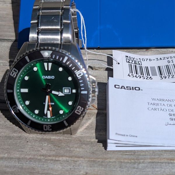 CASIO DURO MDV107D-3A2V GREEN DIAL ANALOGUE STAINLESS STEEL BAND CLASSIC WATCH | WatchCharts ...