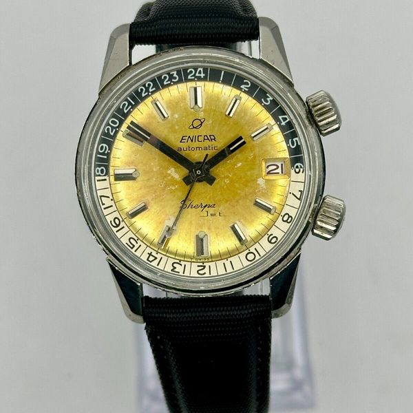 ENICAR SHERPA JET GMT MK2 VINTAGE WATCH CHAMPAGNE SUNBURST DIAL ...