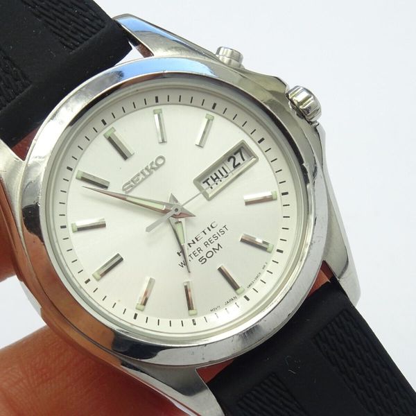 SEIKO Kinetic 36mm Men's 5M63-0B90 Day Date Rubber Wristwatch WORKING ...