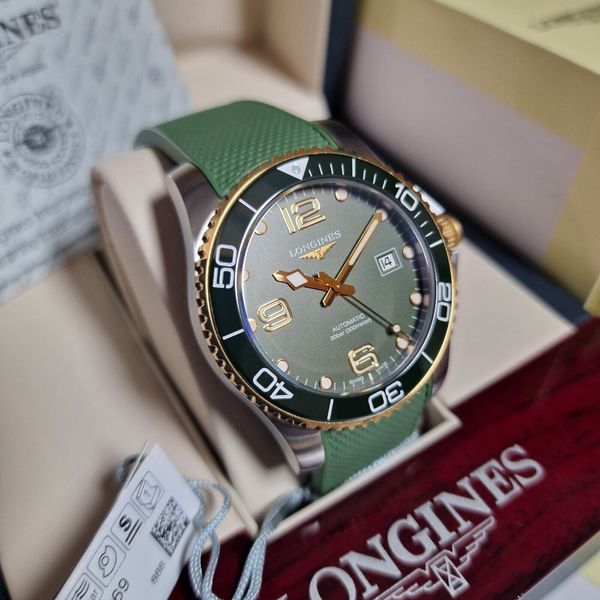 Longines Hydroconquest L37813069 Green Dial Rubber Strap Yellow Gold ...