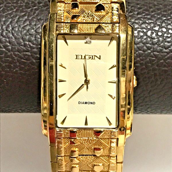 Vintage Elgin Quartz Diamond Dial Date Gold Plated Men's Dress Watch ...